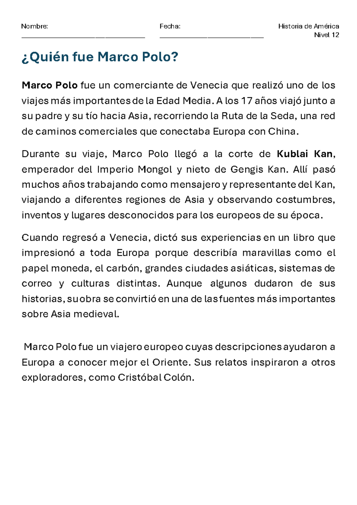 Biografía de Marco Polo: Explorador y Comerciante Medieval - Studocu