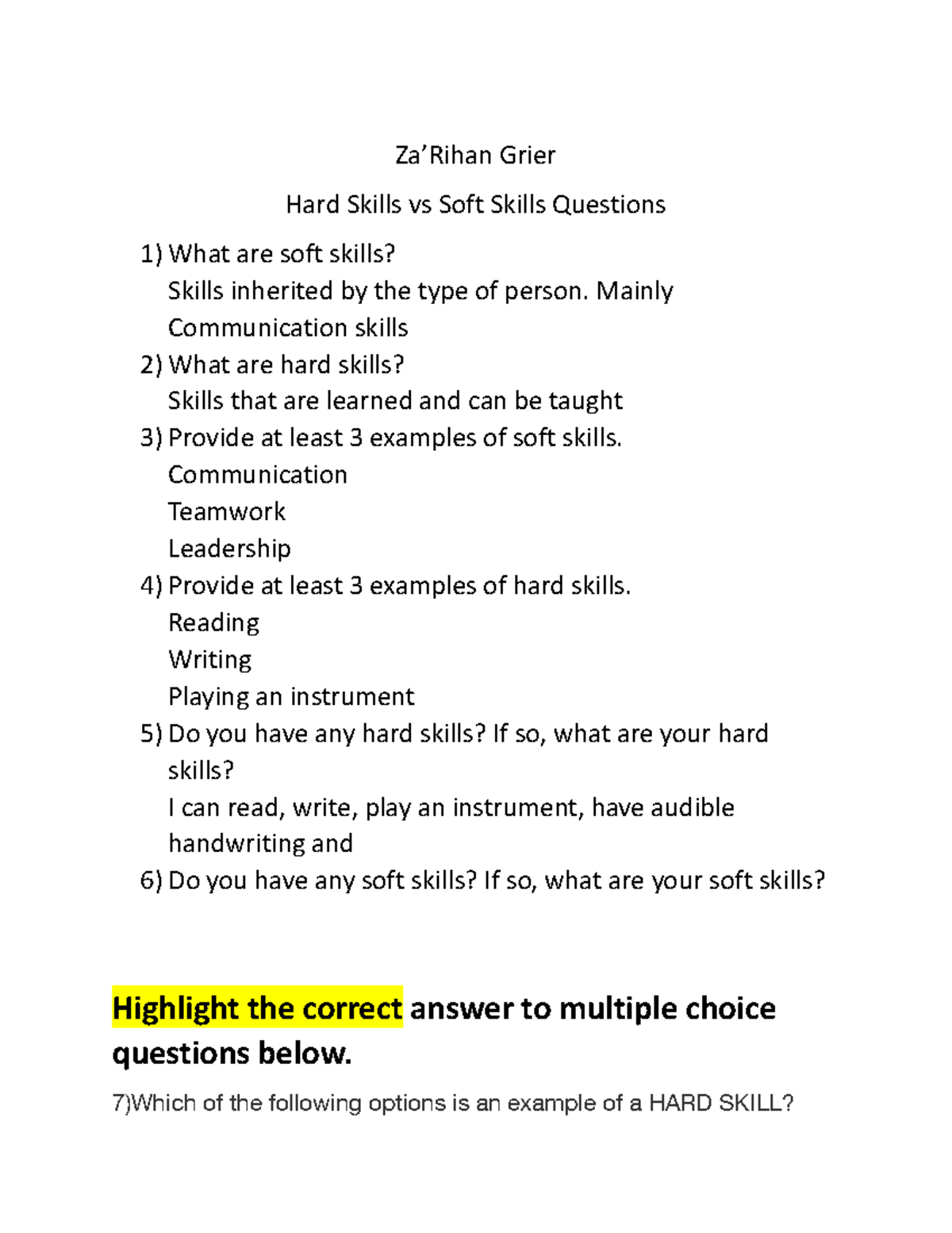 Hard Skills vs Soft Skills Quiz Questions - Review Notes - Studocu