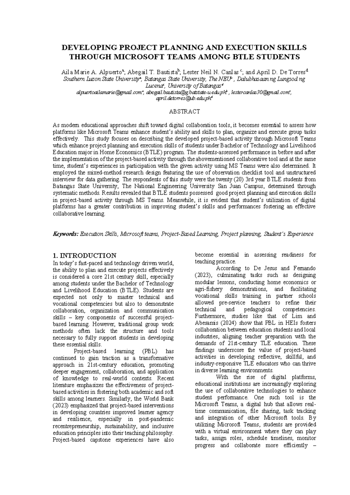 Enhancing Project Planning and Execution Skills in BTLE Students via ...