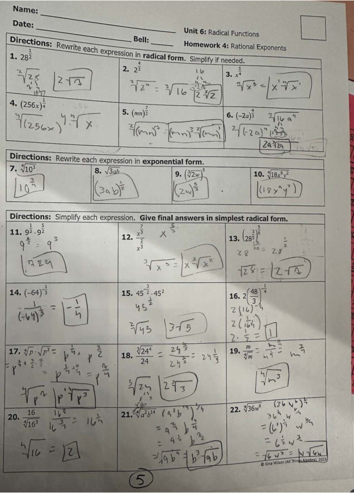 Unit 6: Radical Functions Homework (Math 101) - Rewrite & Simplify ...