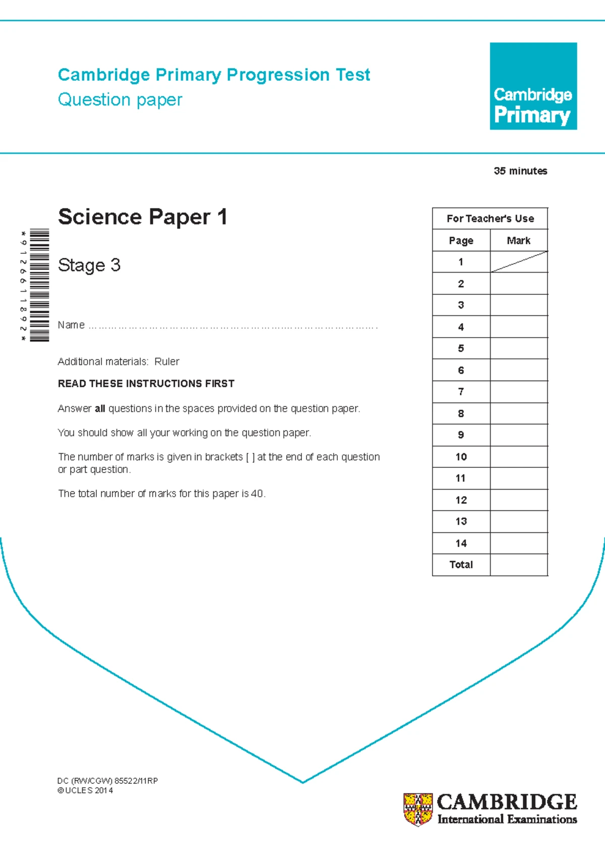 Secondary Progression Test Stage 7 Science Paper 2 - P110/02/A/M/ 45 ...