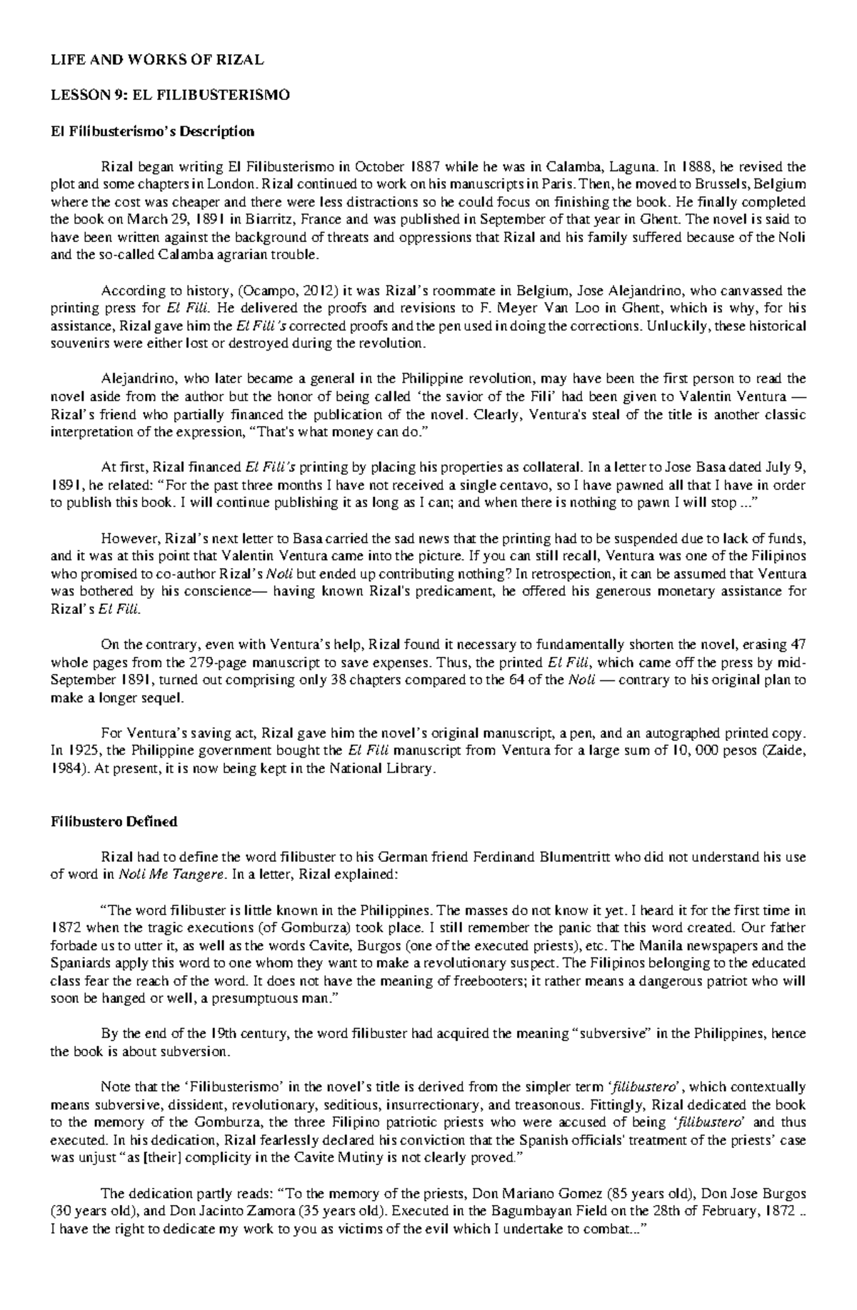 Lesson 9: Exploring "El Filibusterismo" in Rizal's Life and Works - Studocu