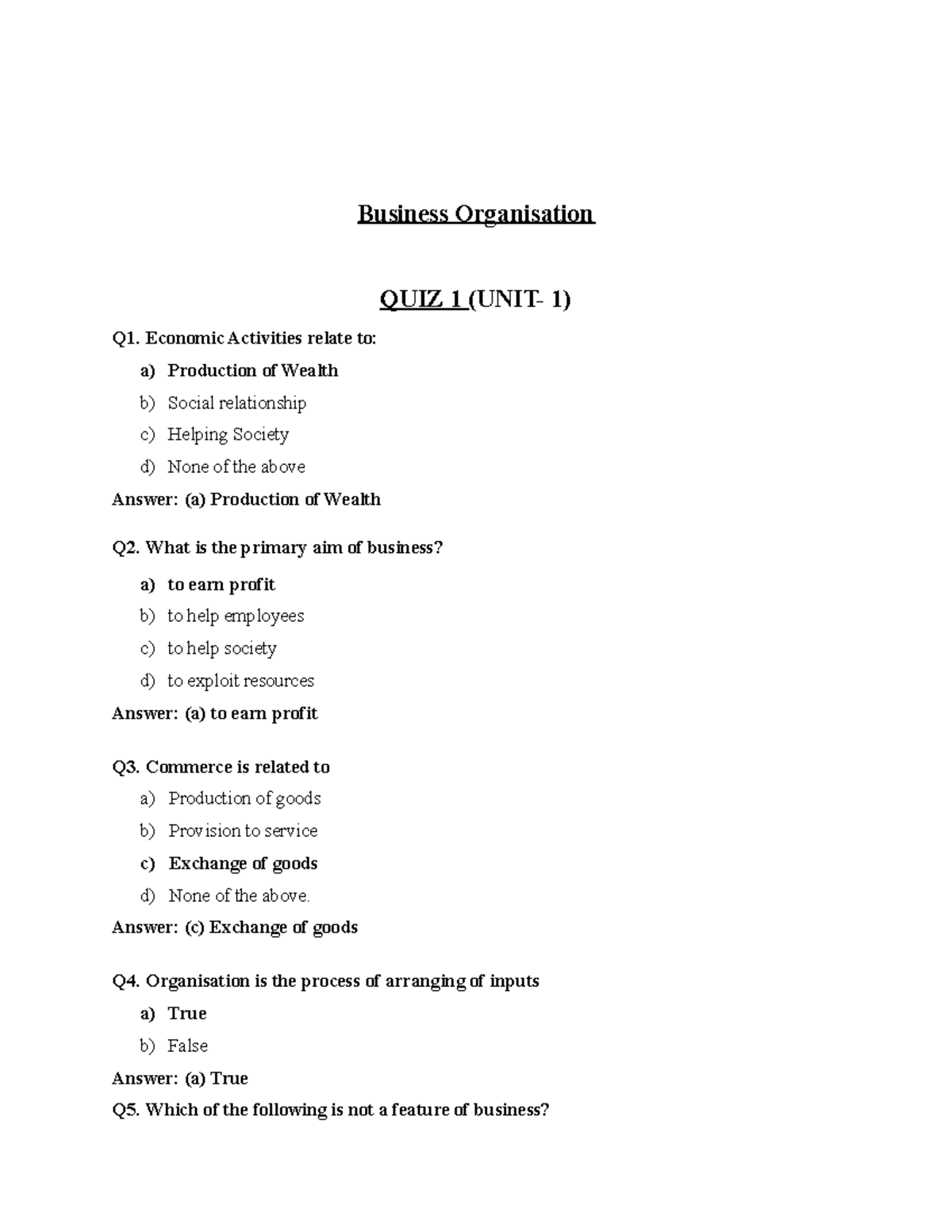 Business Organisation Quiz 1 & 2 (Units 1-2) - Key Concepts & Answers ...