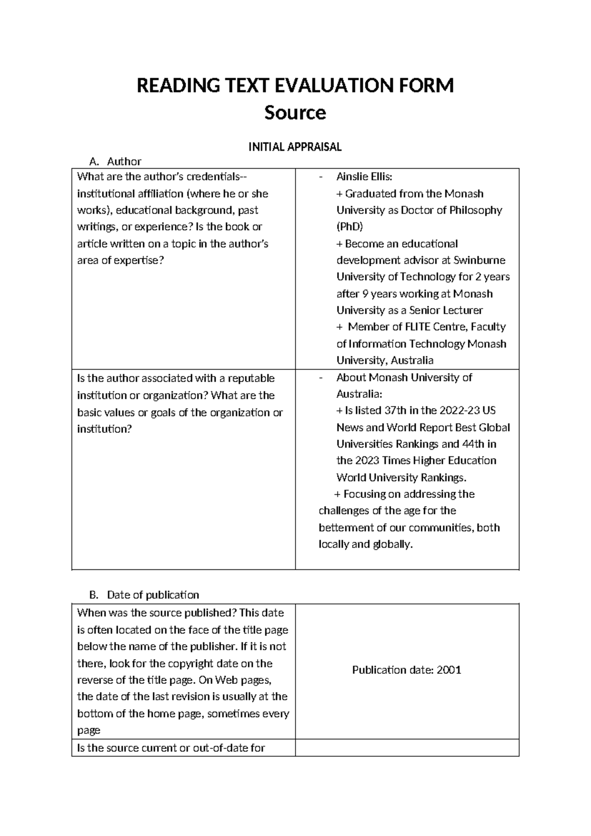Evaluation of Reading Text - 2001: Author & Content Analysis - Studocu