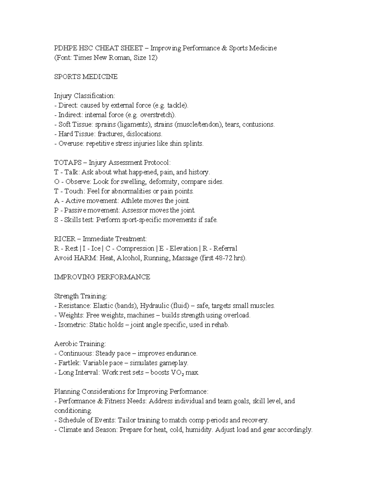 PDHPE HSC Cheat Sheet: Sports Medicine & Performance Improvement - Studocu