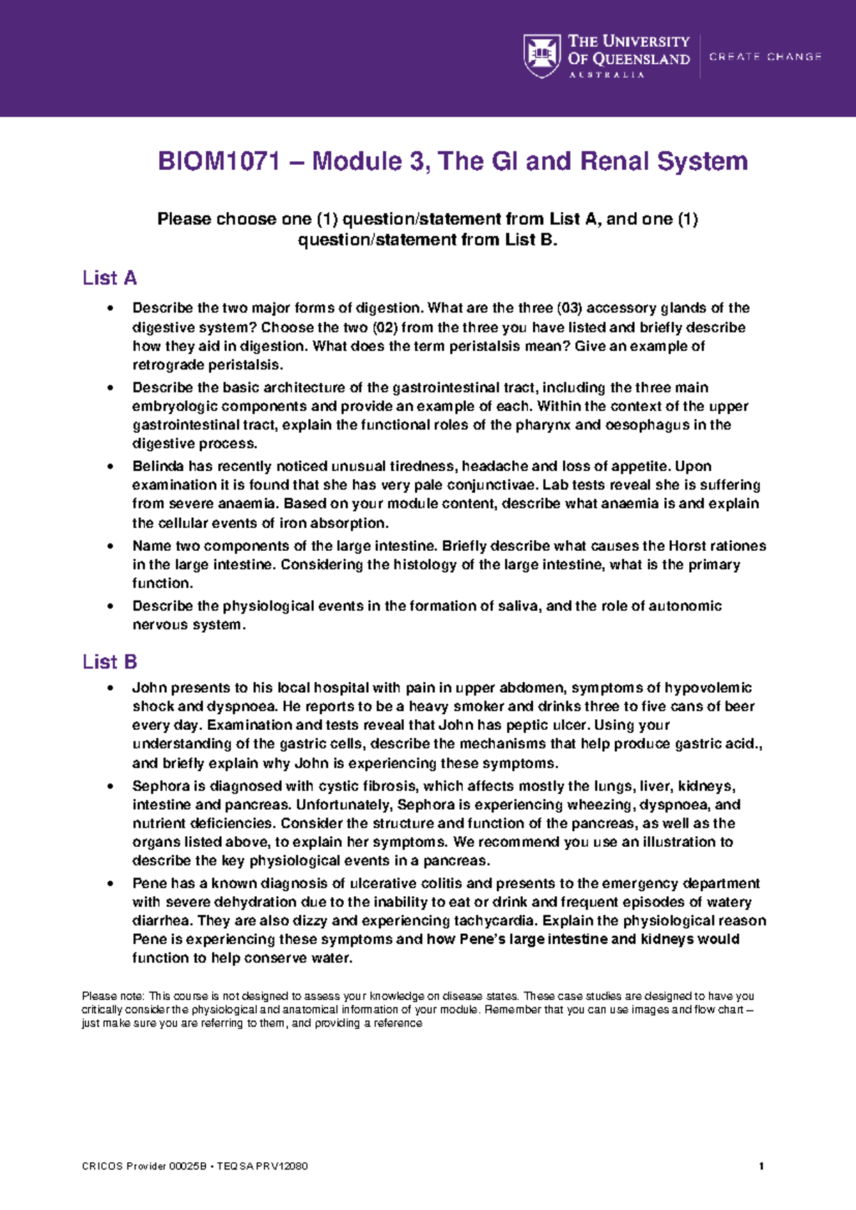 BIOM1071 Module 3: GI & Renal System Case Study Questions - Studocu