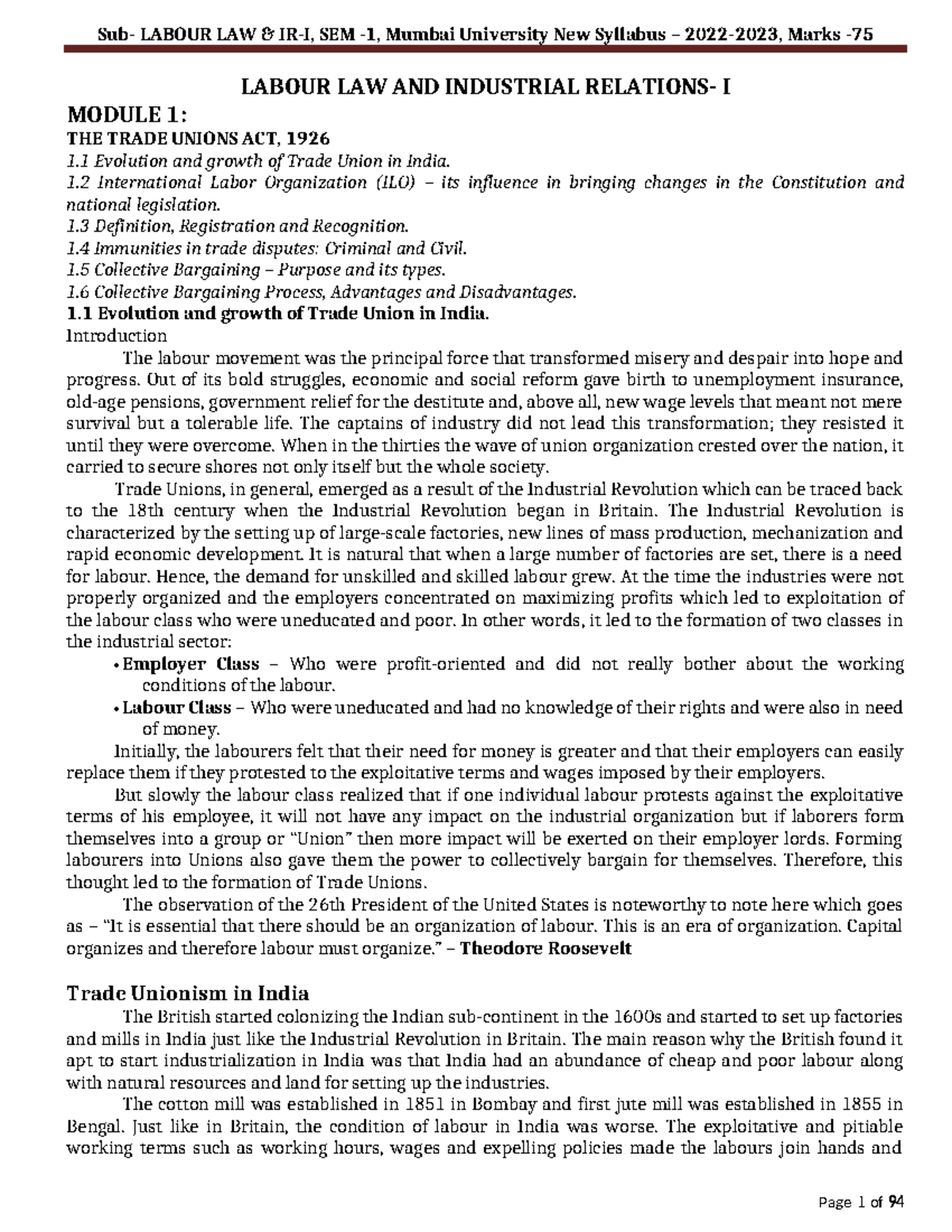 LABOUR LAW SEM Mumbai University: Trade Unions Act & ILO Overview - Studocu