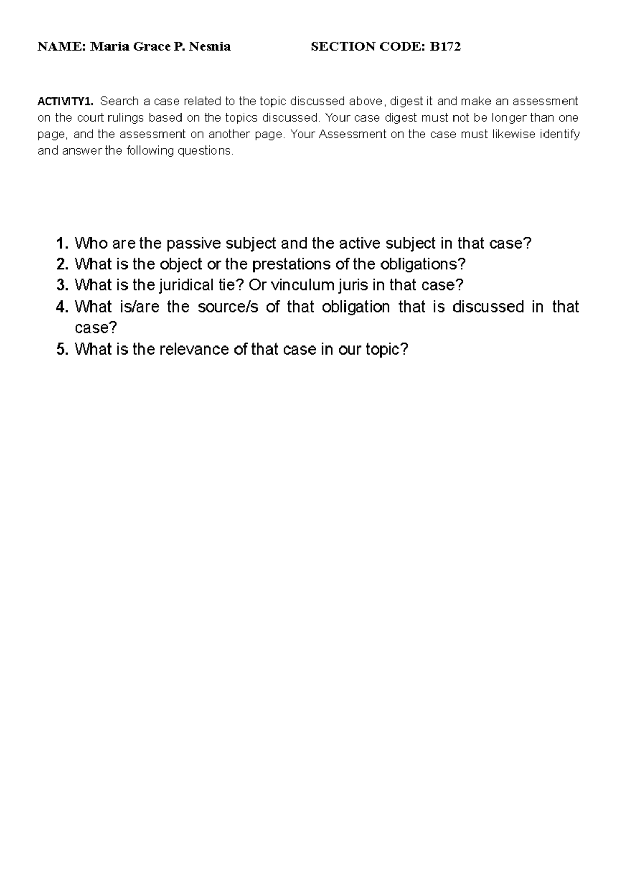 Module 1 Activity - NAME: Maria Grace P. Nesnia SECTION CODE: B ...