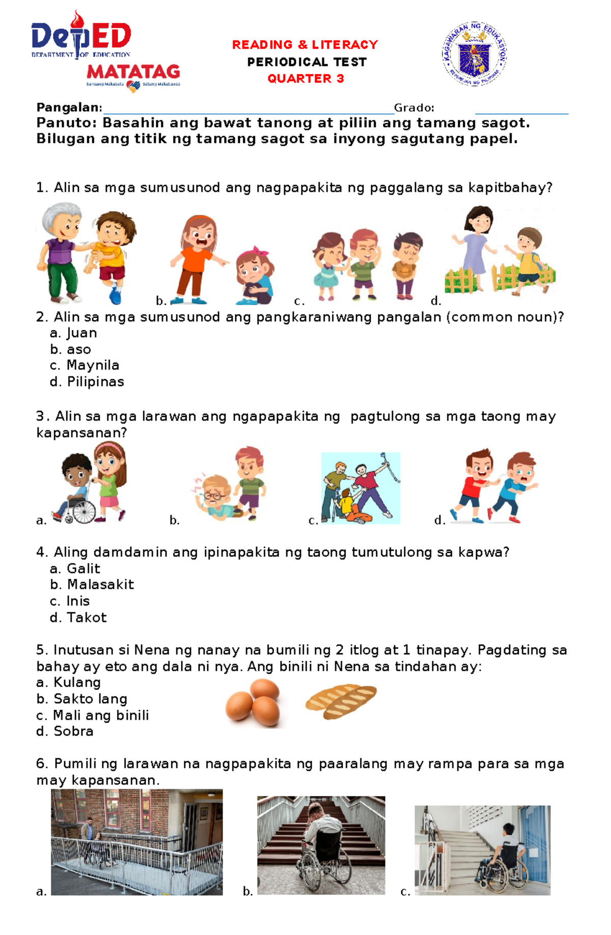 READING & LITERACY PERIODICAL TEST Q3 - 1st Grade - Studocu