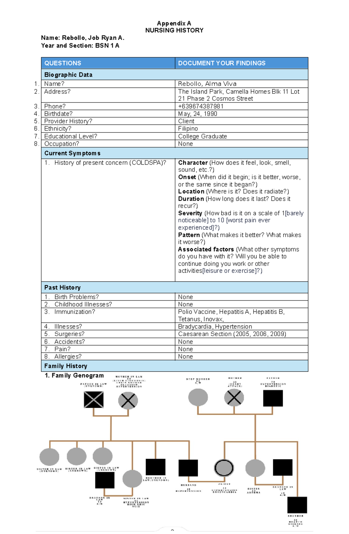 Nursing History Guide for BSN 1 A - Personal and Family Assessment ...