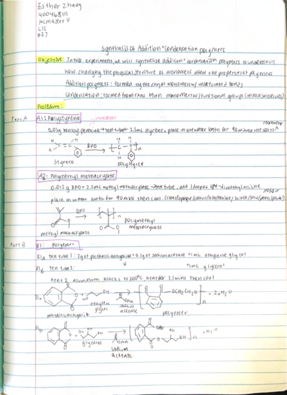 Chem2OA3 Lab 1 - Synthesis of Addition Polymers Report - Studocu