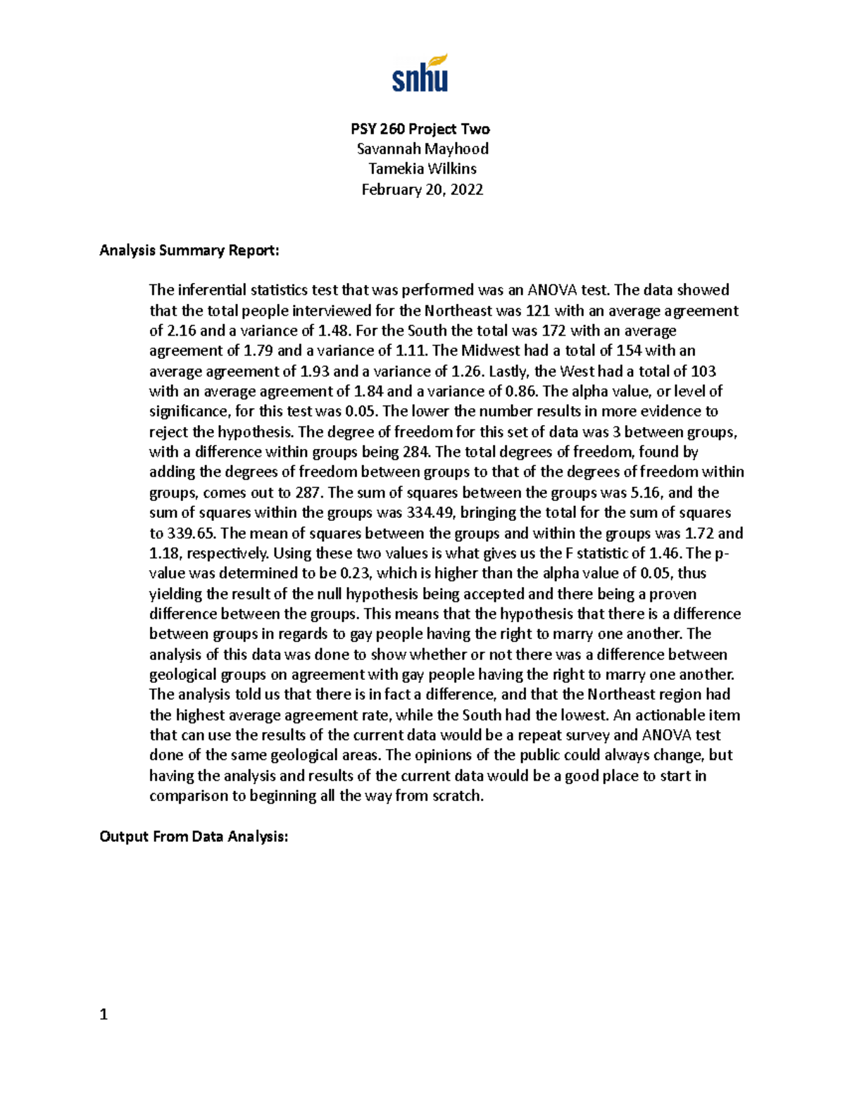 PSY260 Project Two: ANOVA Analysis of Regional Agreement on Same-Sex Marriage - Studocu