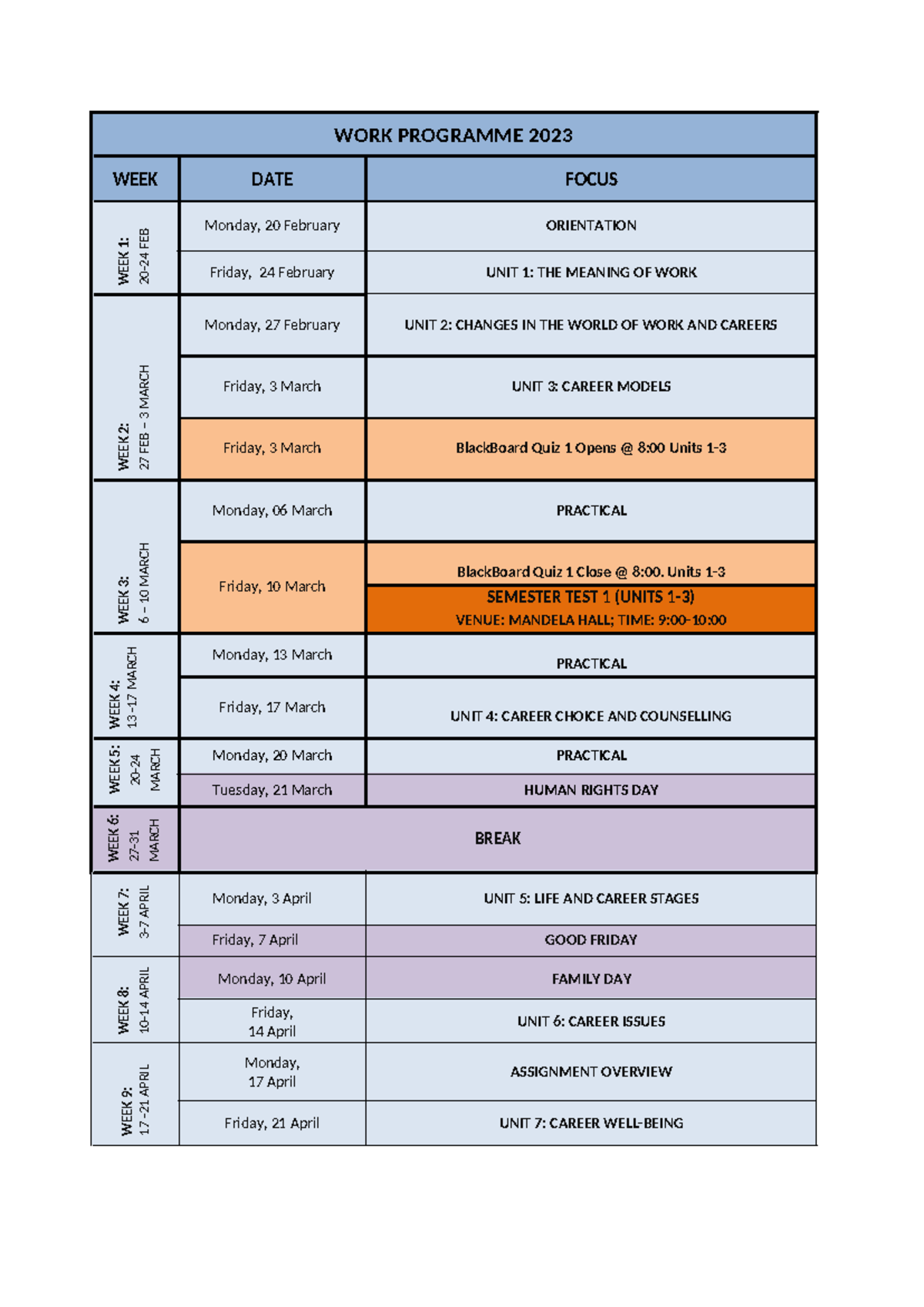 WORK Programme 2023 - Schedule and Key Dates - Studocu