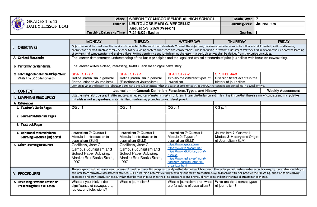 Journalism 7: Weekly Lesson Log on News Writing (August 5-9, 2024 ...