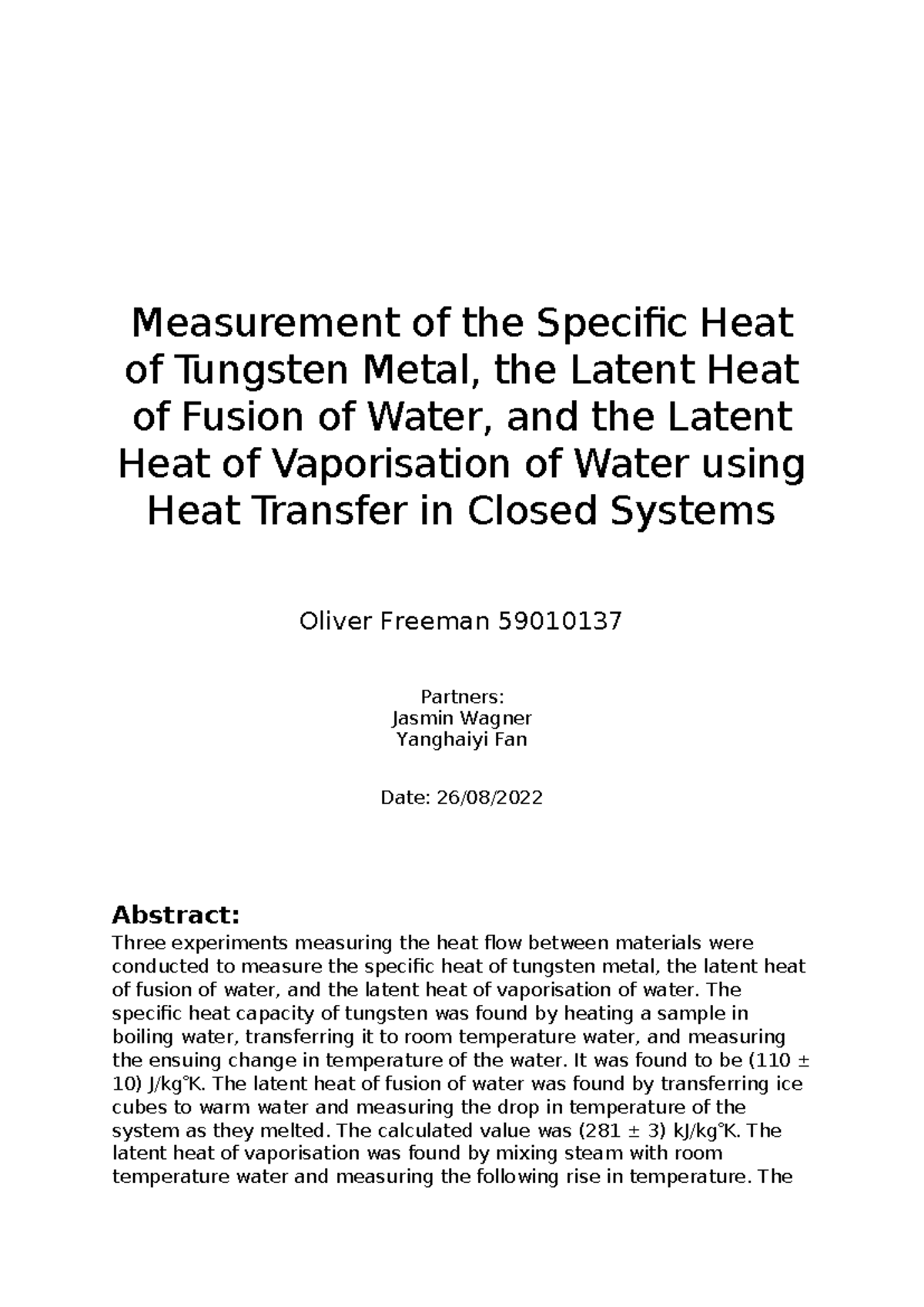 Lab Report: Measurement of Specific Heat & Latent Heats (PHYS 101 ...