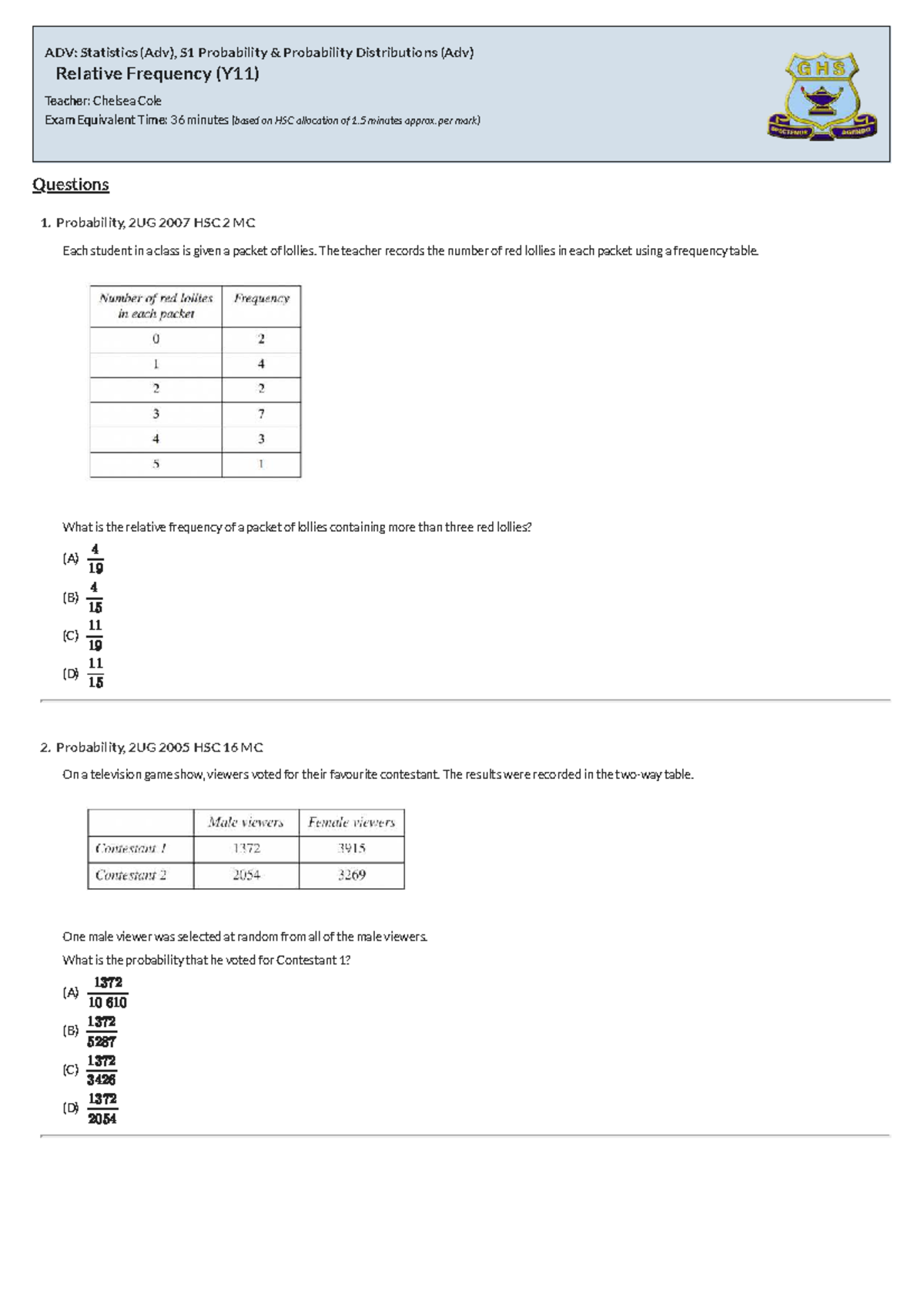 S1 Probability Distributions: Relative Frequency Exam Notes (Adv) - Studocu