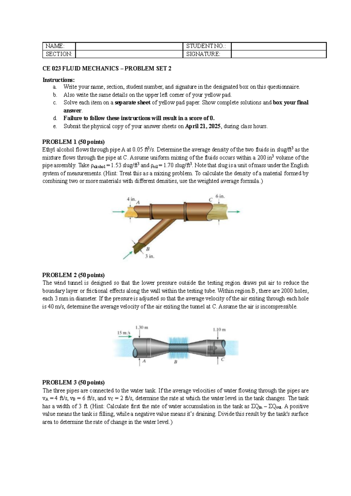 CE 023 Fluid Mechanics Problem Set 2 Solutions and Instructions - Studocu