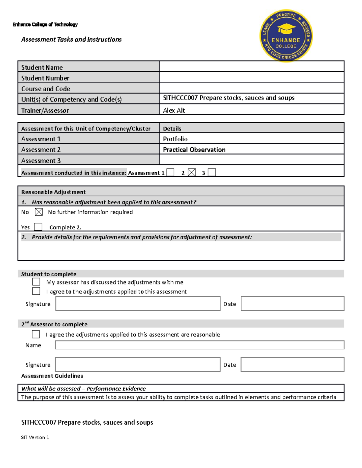 Sithccc 007 Assessment Practical Observation - Assessment Tasks and Instructions Student Name ...