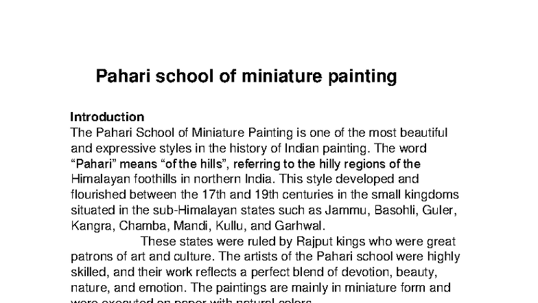 Pahari School of Miniature Painting Overview - Class 12 - Studocu