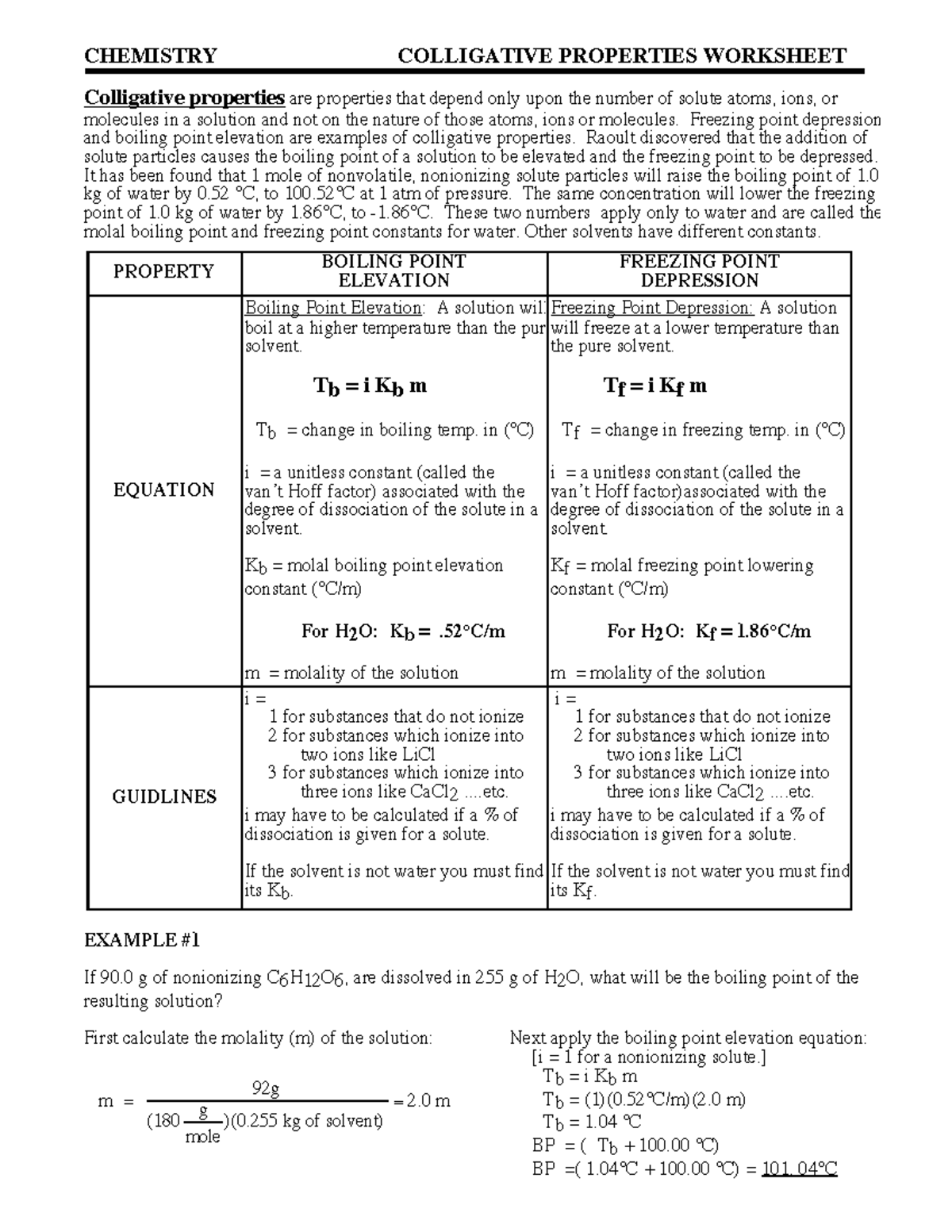 CHEM 101 Colligative Properties Worksheet with Sample Problems - Studocu