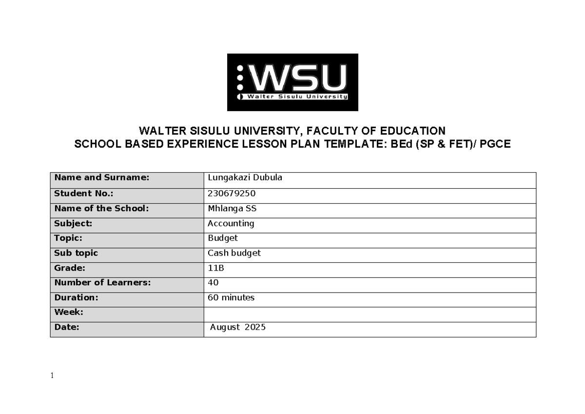 BEd (SP PGCE) Lesson Plan: Accounting Cash Budget for Grade 11B - Studocu