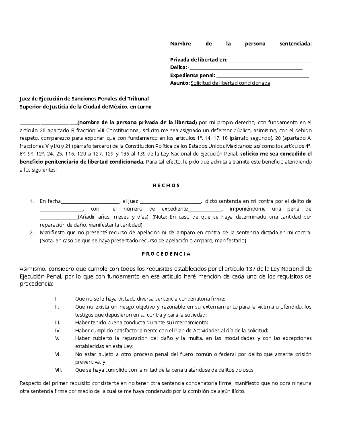 Solicitud de Libertad Condicionada - Formato 1 - Legal Document - Studocu