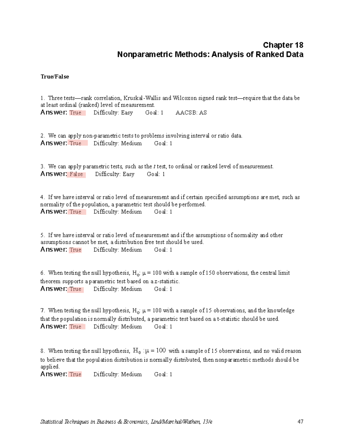 Chapter 18 Test Bank: Nonparametric Methods & Ranked Data Analysis ...