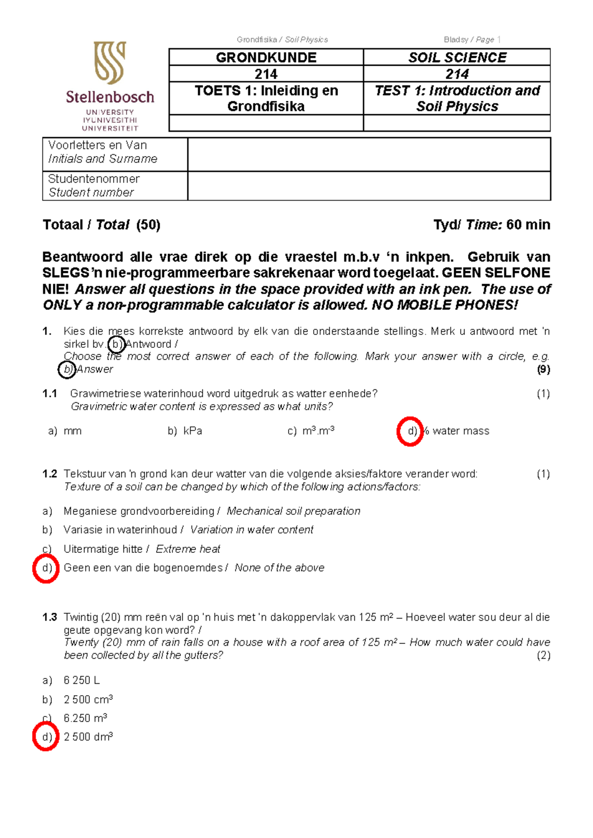 GRO 214 Class Test 1 Memo 2023 - Totaal / Total (50) Tyd/ Time: 60 min ...