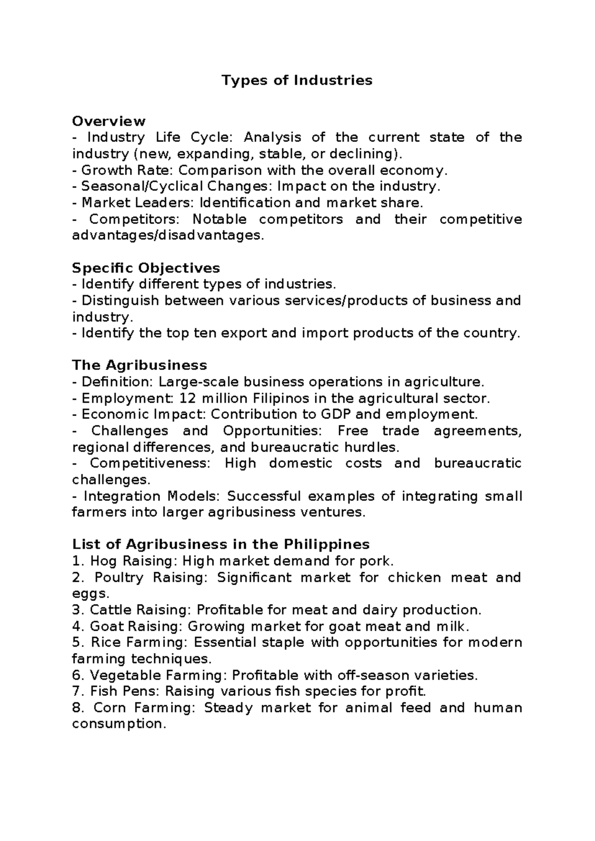 Types of Industries Overview: G12 Applied Economics Lecture Notes - Studocu