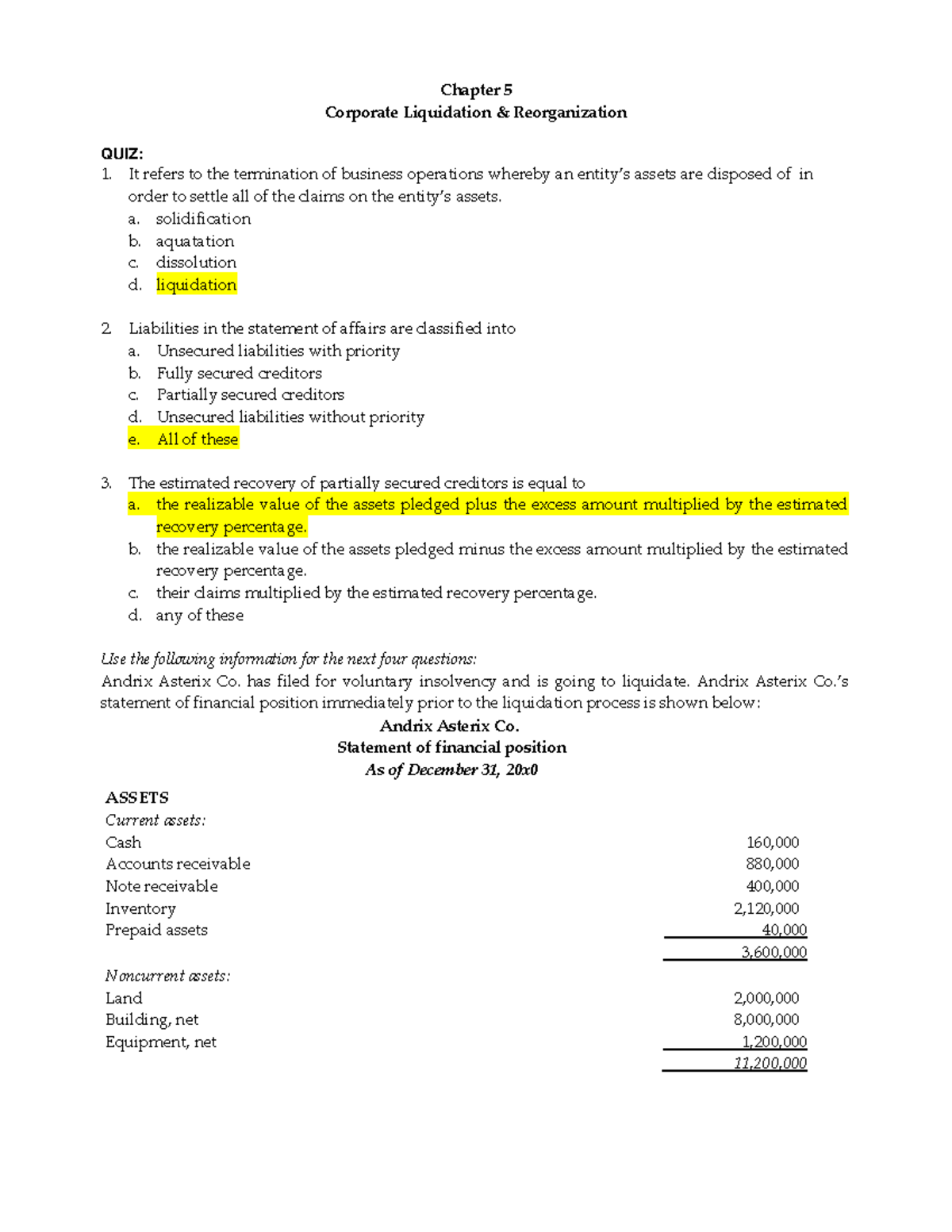 QUIZ: Chapter 5 - Corporate Liquidation & Reorganization AST - Studocu