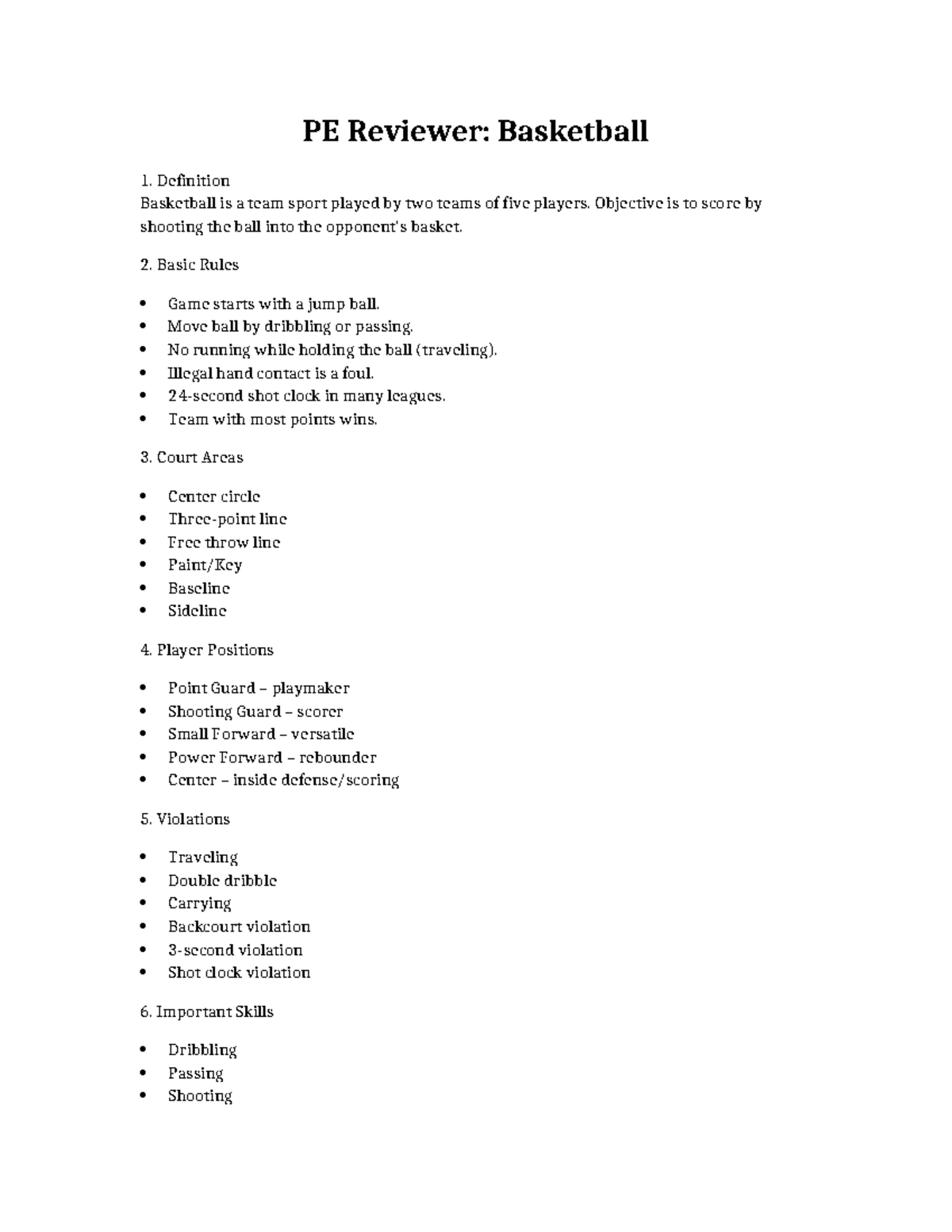 PE Reviewer: Basketball Basics and Key Rules - Studocu