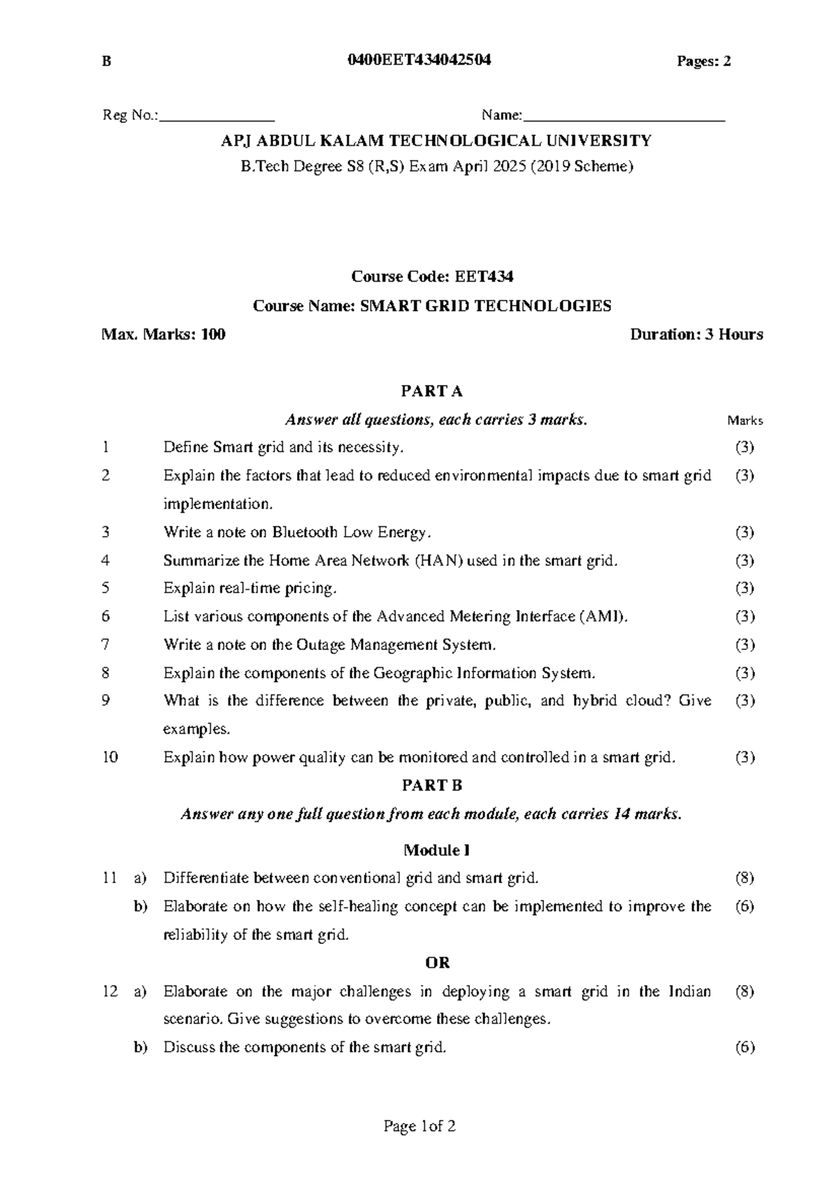 EET434 S8 Smart Grid Technologies Exam QP - April 2025 - Studocu