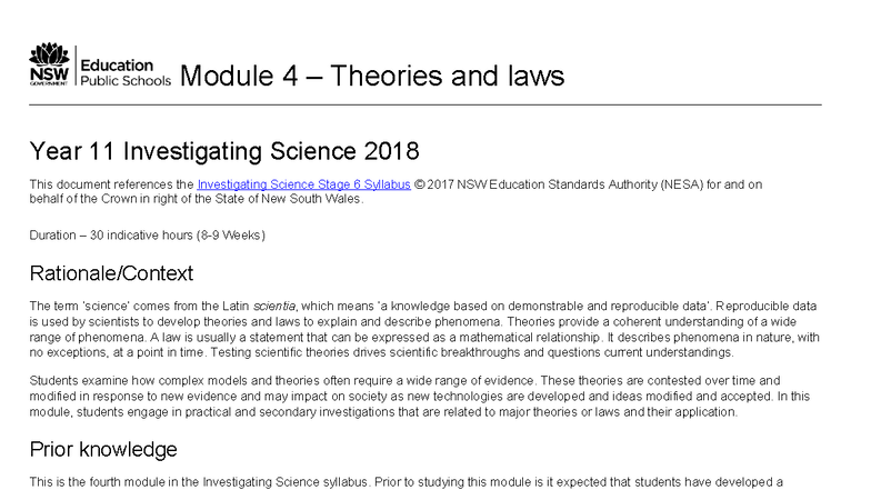 Year 11 Investigating Science M4: Theories and Laws Overview - Studocu