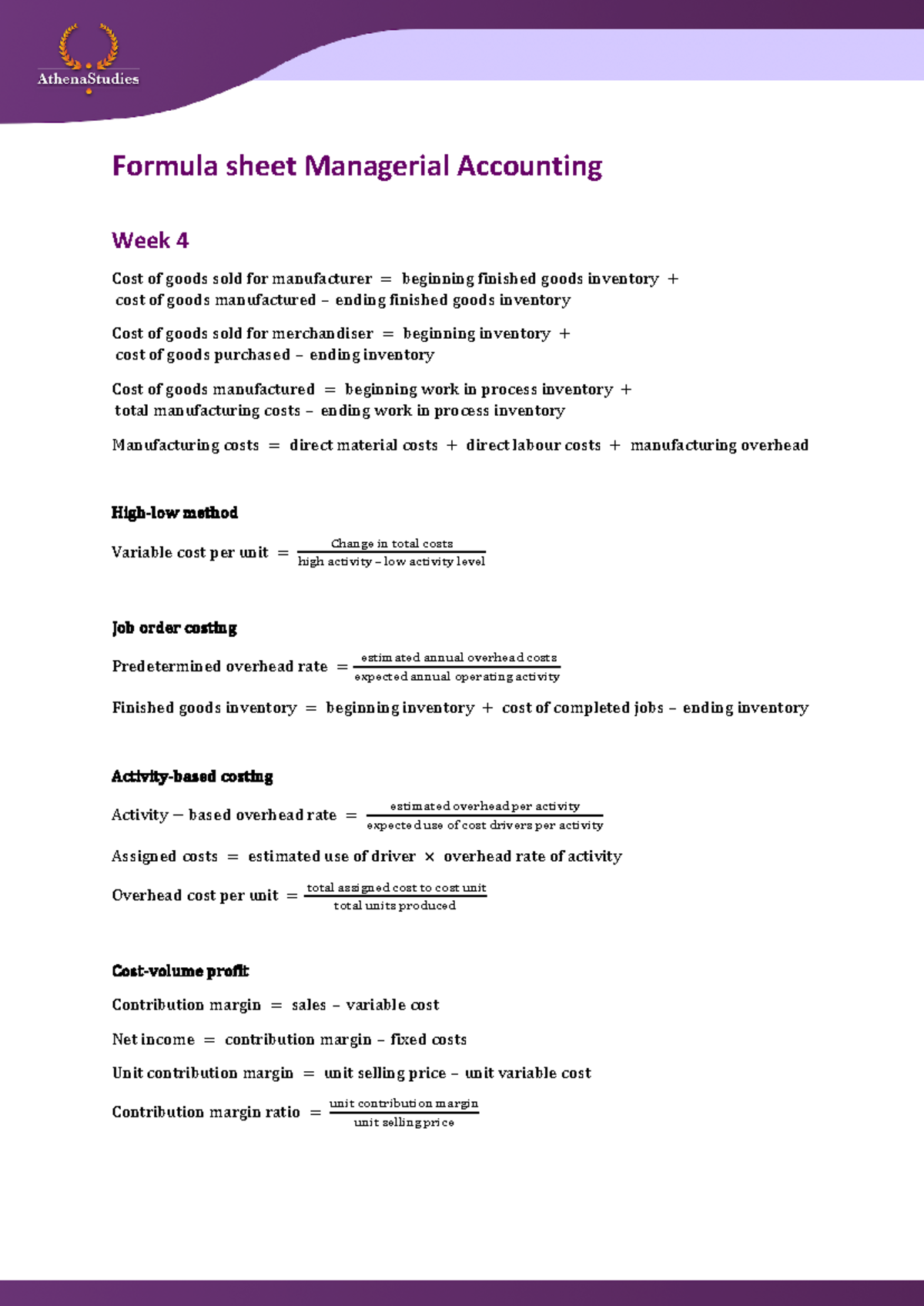 Formulasheet Managerial Accounting IBA P5 - Formula sheet Managerial ...