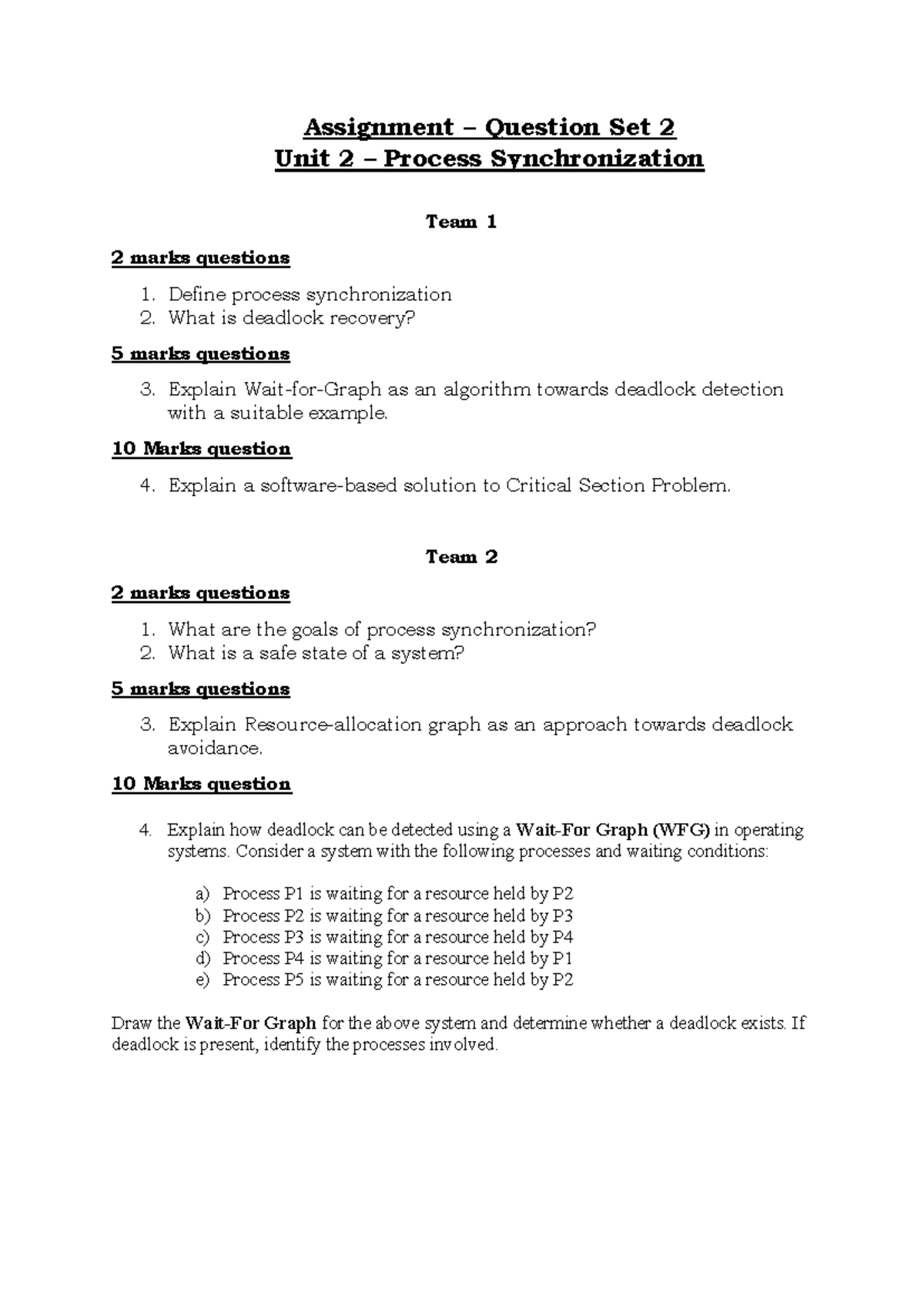 Question Set Unit 2 - OS: Process Synchronization & Deadlock Analysis ...