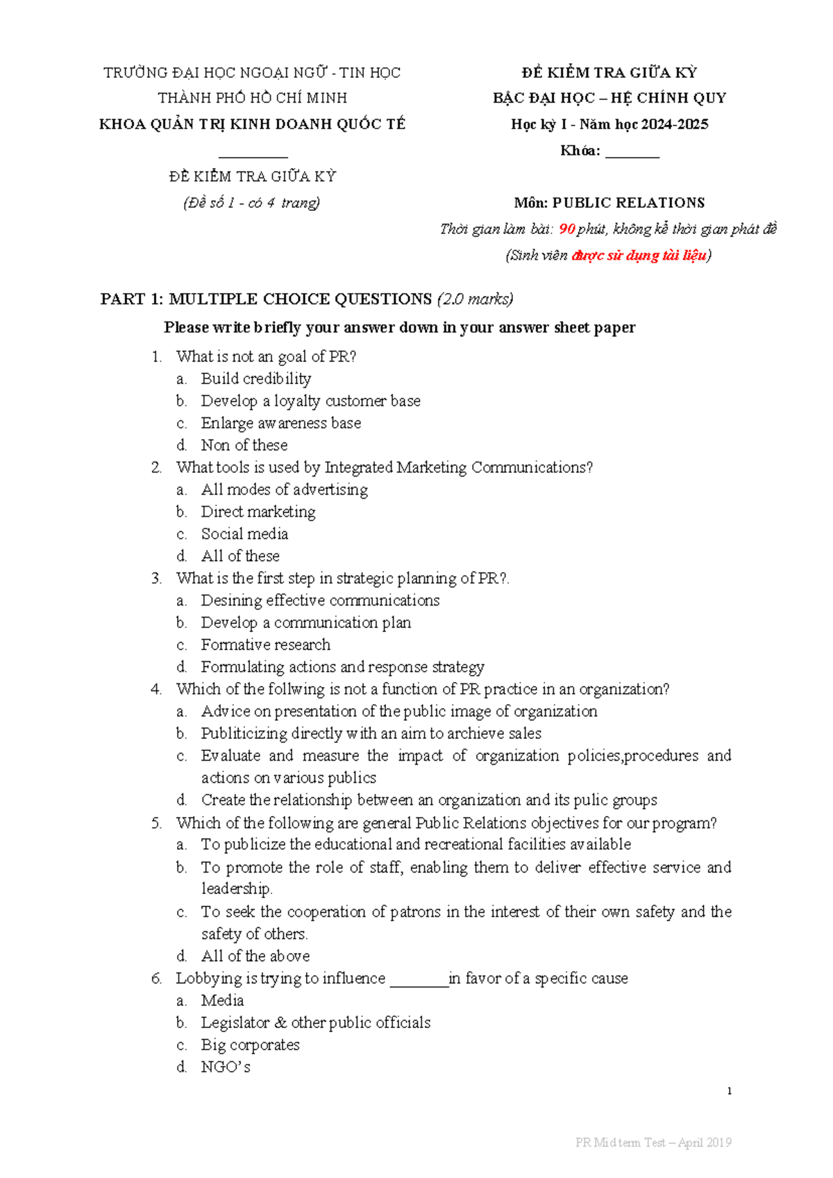 Midterm Test PR Public Relations 2024 2025 - Intake 1 - Studocu