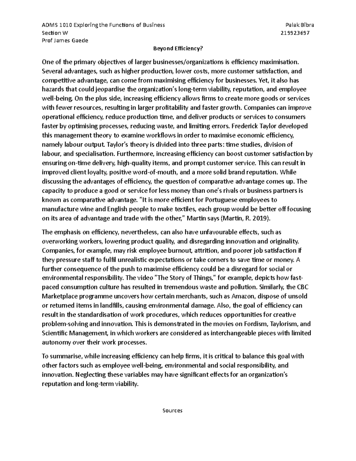 Beyond Efficiency Assignment 7 Of Adsm 1010 Adms 1010 Exploring The Functions Of Business
