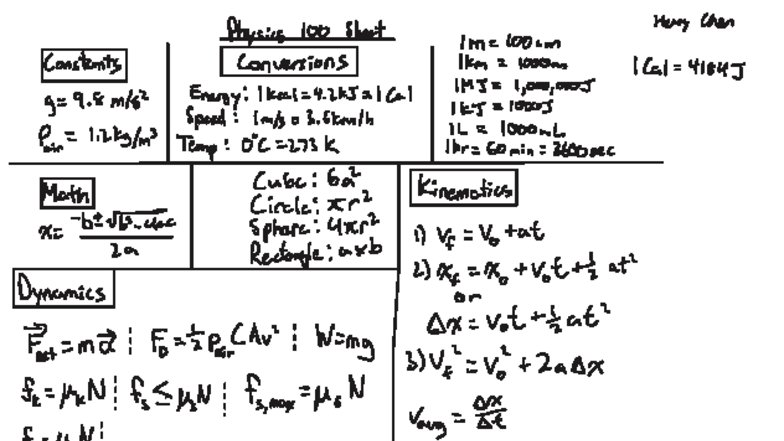 Physics 100 Cheat Sheet: Constants, Energy, and Kinematics - Studocu