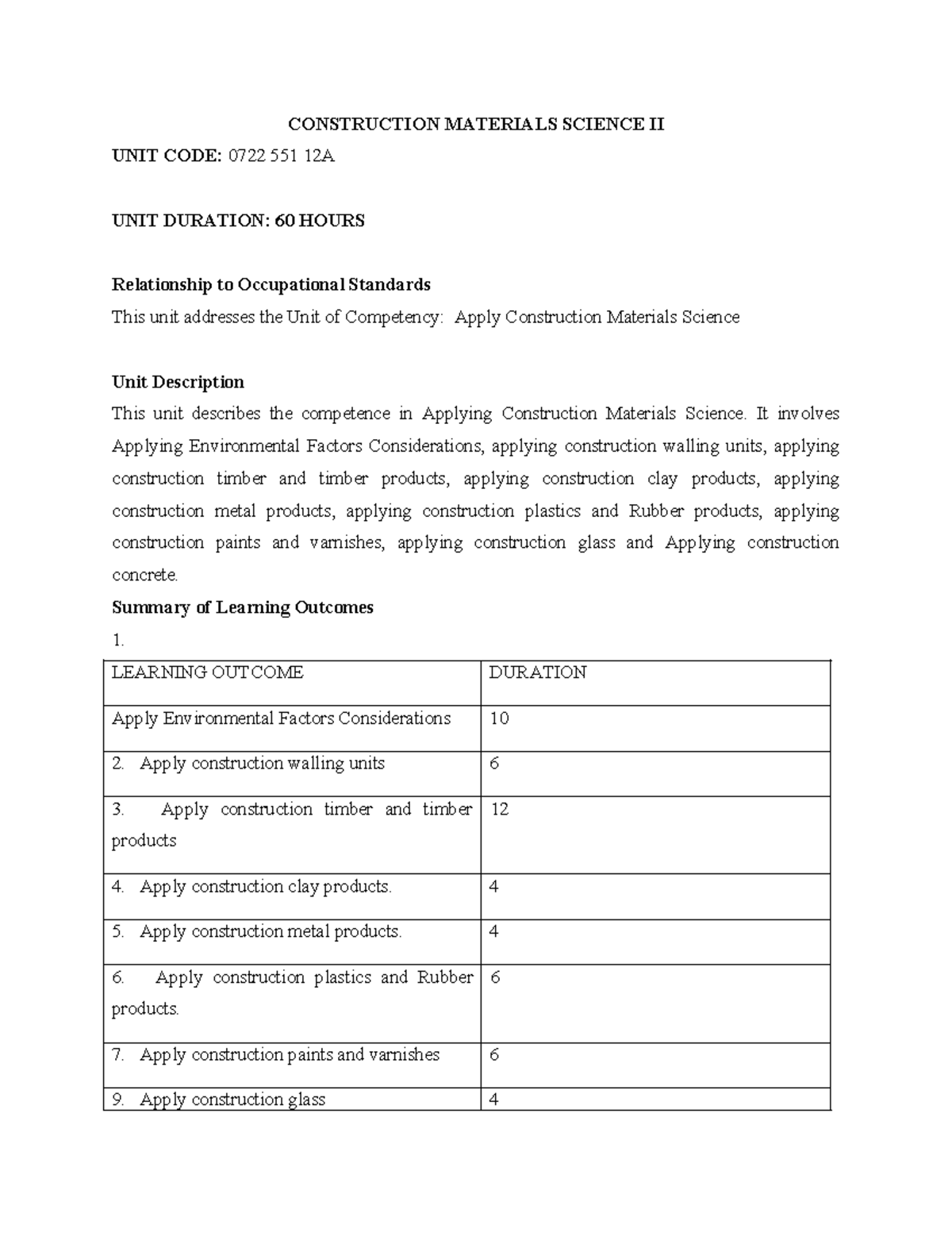 Construction Materials Science II Curriculum Overview (0722 551 12A ...