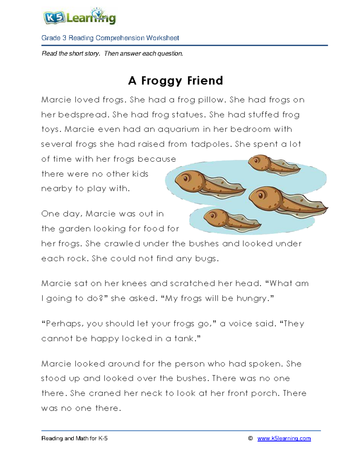 Grade 3 Reading Comprehension: A Froggy Friend Worksheet - Studocu