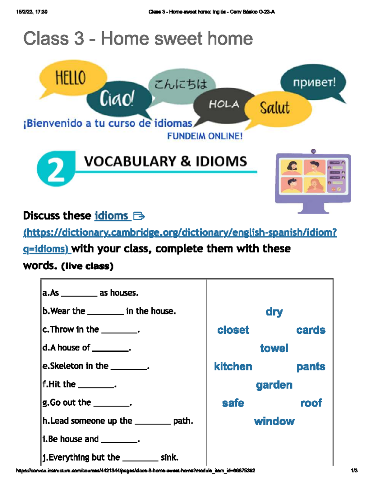 Class 3 Home Sweet Home: Inglés Conv Básico - Vocabulary & Idioms - Studocu