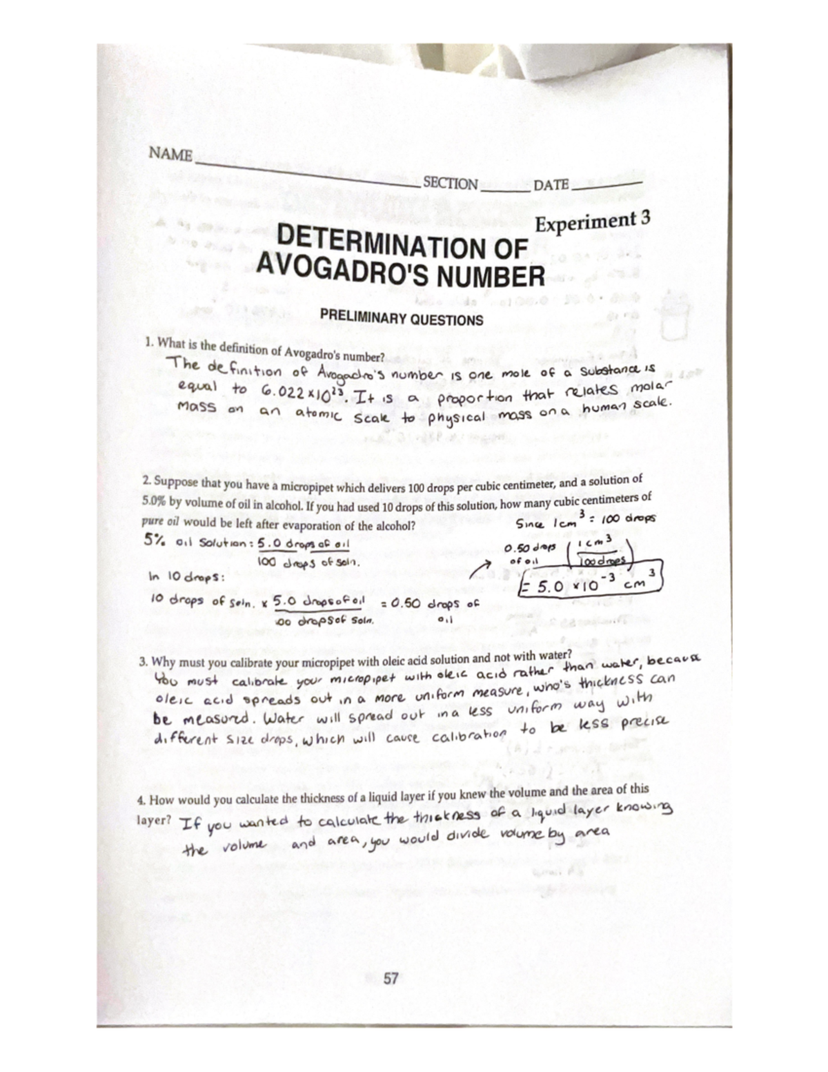 Avogadros Number Preliminary Questions - Chem 003L - Studocu