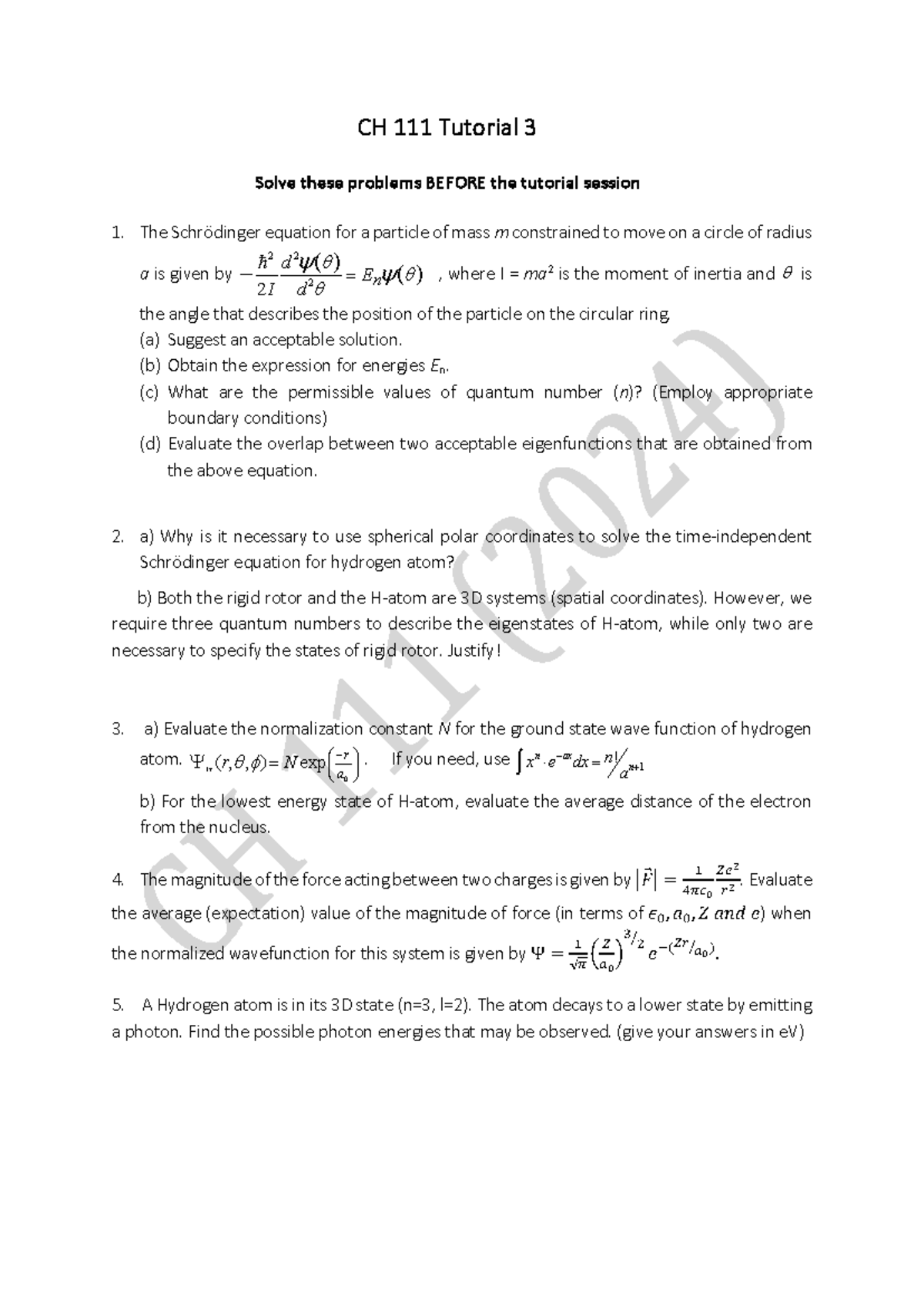 CH111 Tutorial 3 2024 - wertyu - CH 111 Tutorial 3 Solve these problems ...