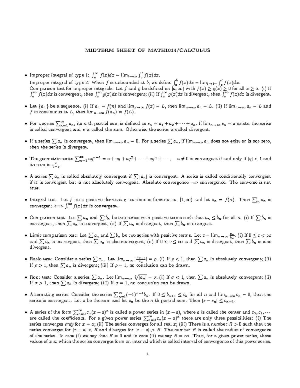 Midterm Study Notes for MATH1014: Calculus Concepts - Studocu