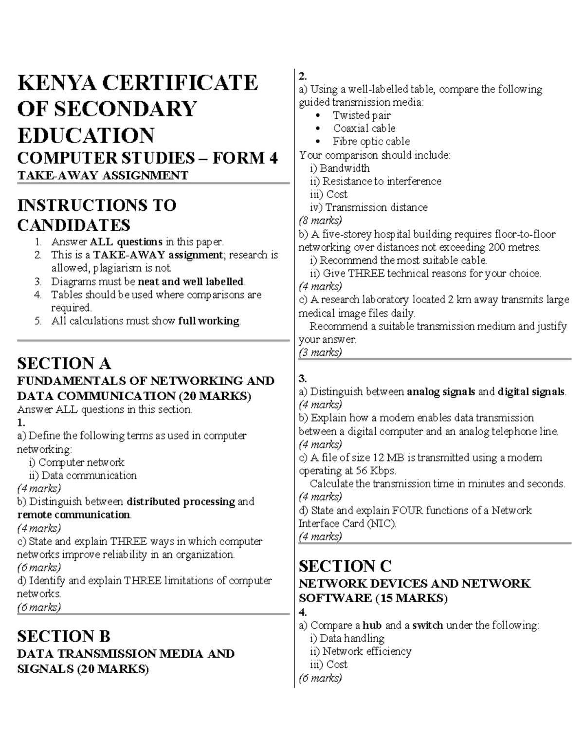 KENYA CERTIFICATE OF SECONDARY EDUCATION COMPUTER STUDIES FORM 4 ...