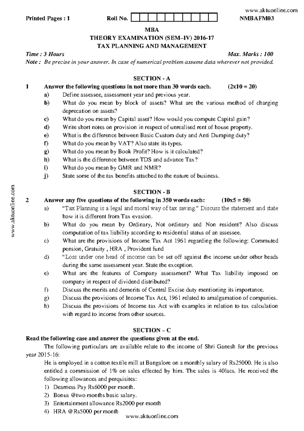 MBA 4 Sem Tax Planning and Management NMBAFM03 Exam Notes 2017 - Studocu
