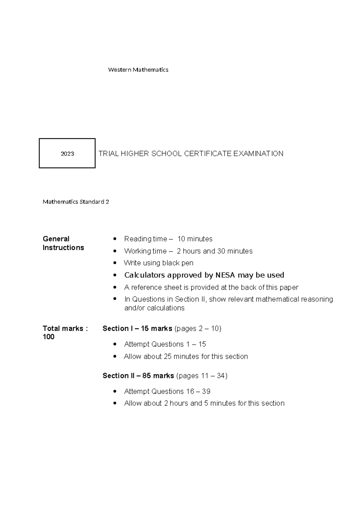 WME 2023 Mathematics Standard 2 Trial HSC Exam Paper - Studocu