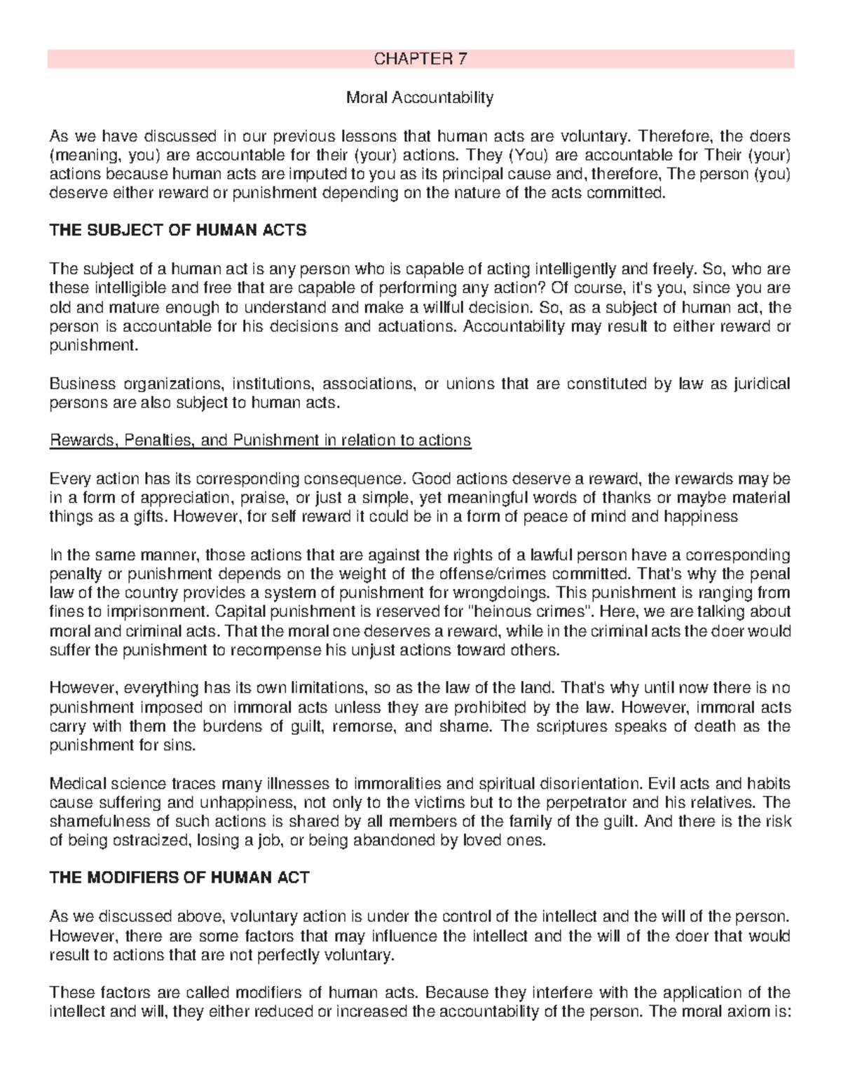 Chapter 7: Understanding moral accountability and human acts - Studocu