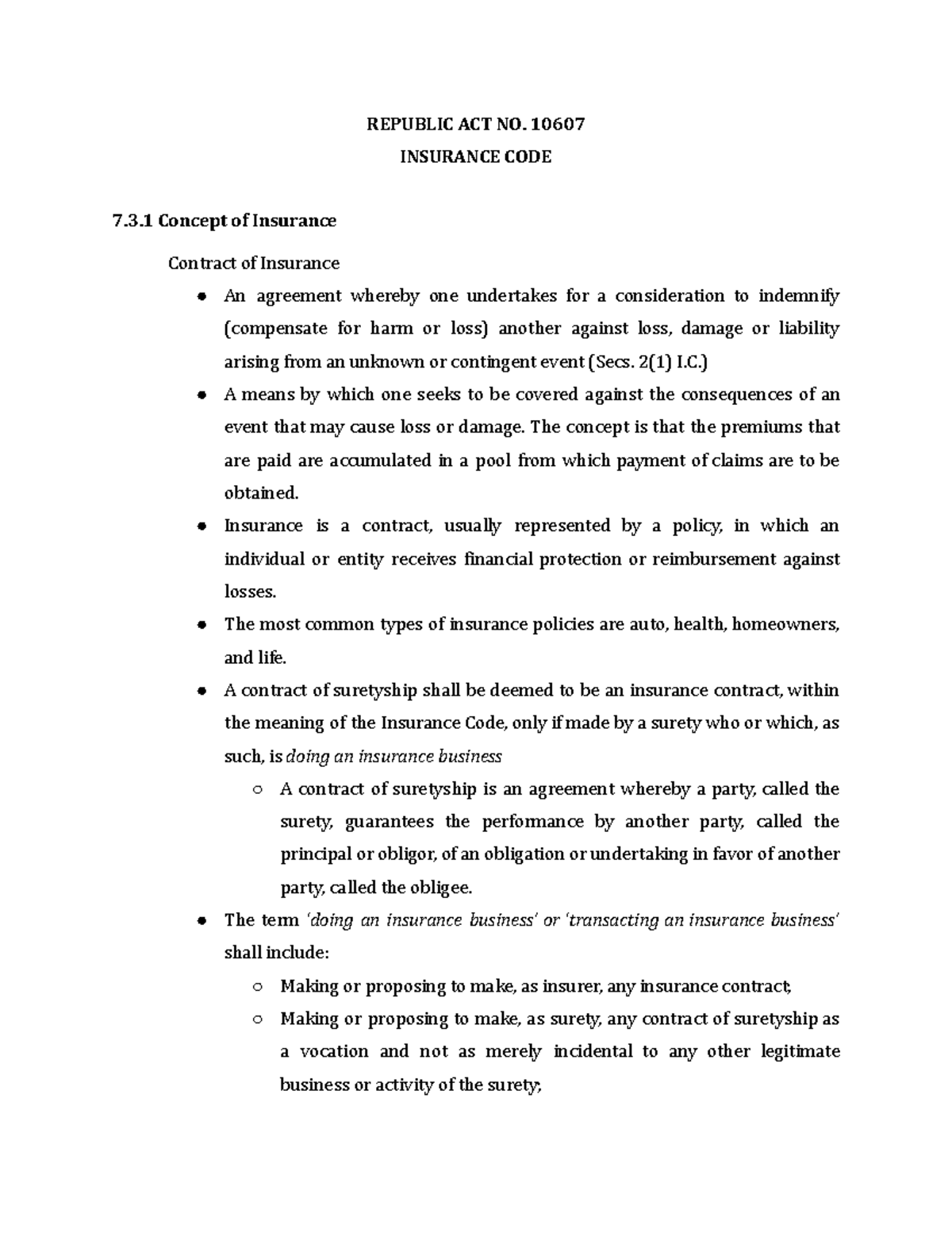 Insurance Code Overview and Key Concepts: RA 10607 Notes - Studocu