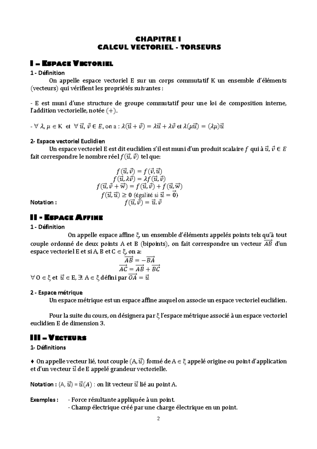 Mécanique des Solides - Calcul Vectoriel et Torseurs (Chapitre I) - Studocu
